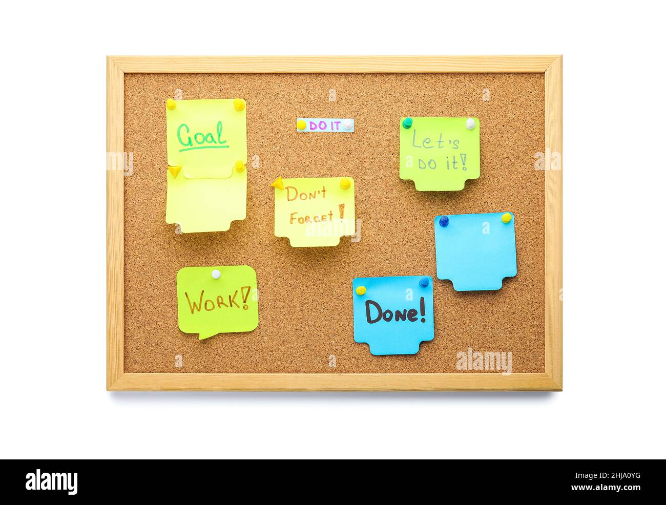 Board with pinned sticky notes on white background Stock Photo - Alamy