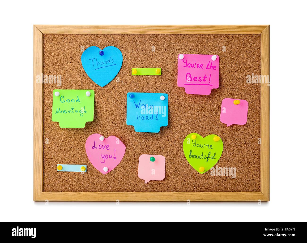 Board with pinned sticky notes on white background Stock Photo - Alamy