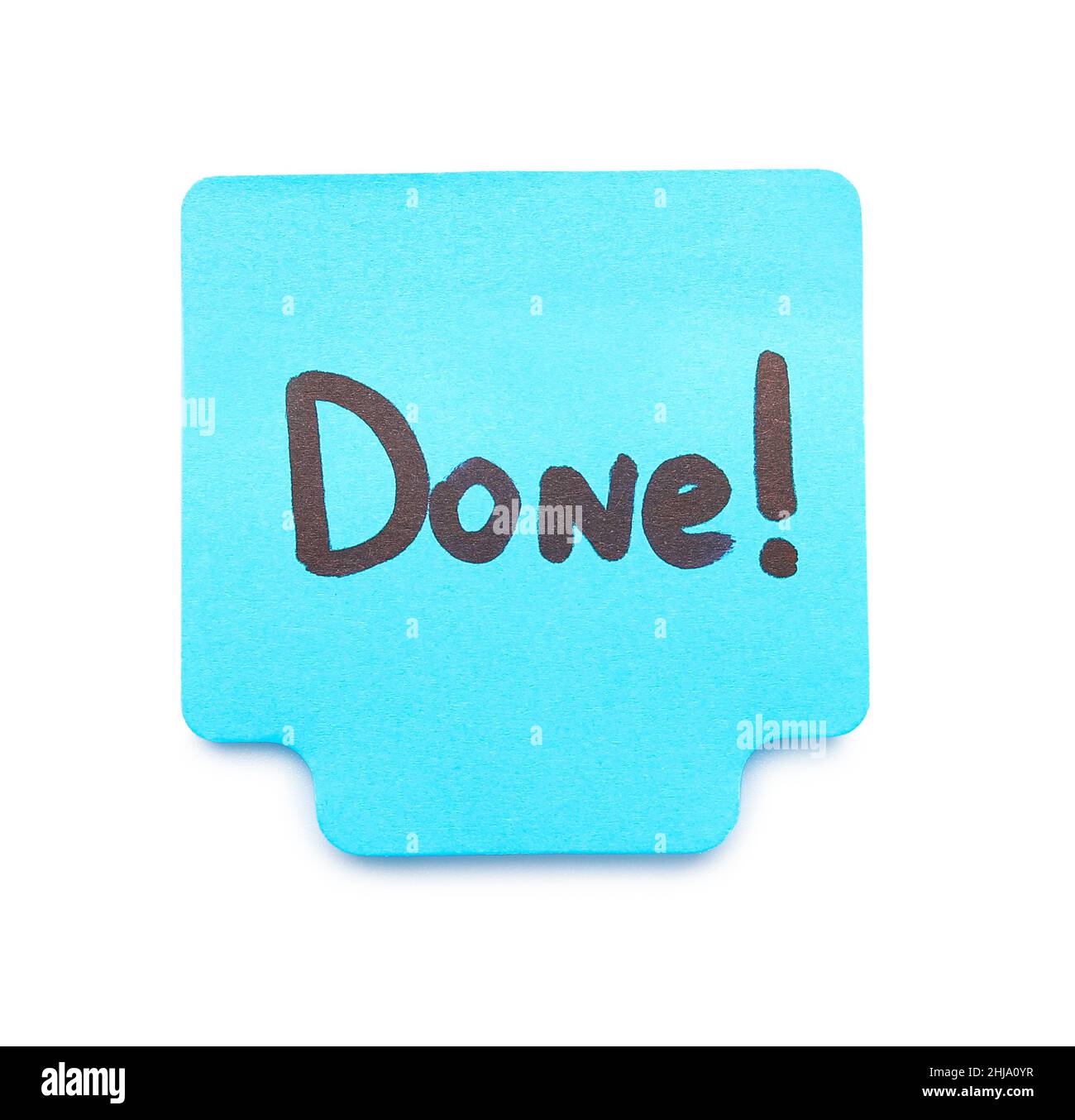 Blue sticky note with word DONE on white background Stock Photo - Alamy