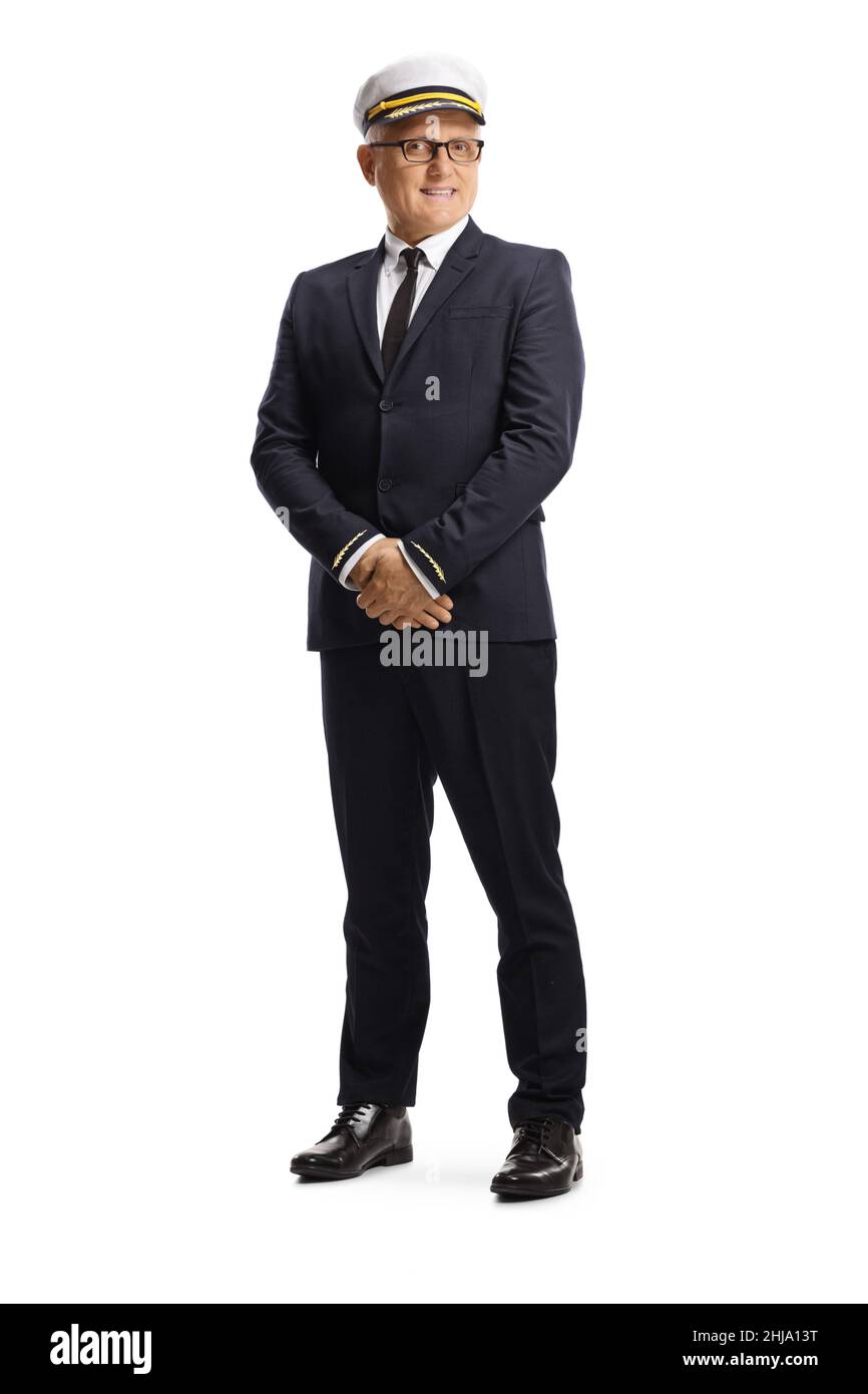 Full length portrait of a pilot in a uniform posing isolated on white ...