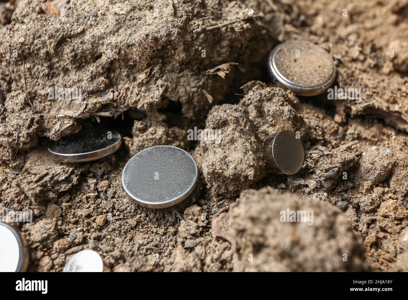 Lithium button cell batteries on soil outdoors Stock Photo - Alamy