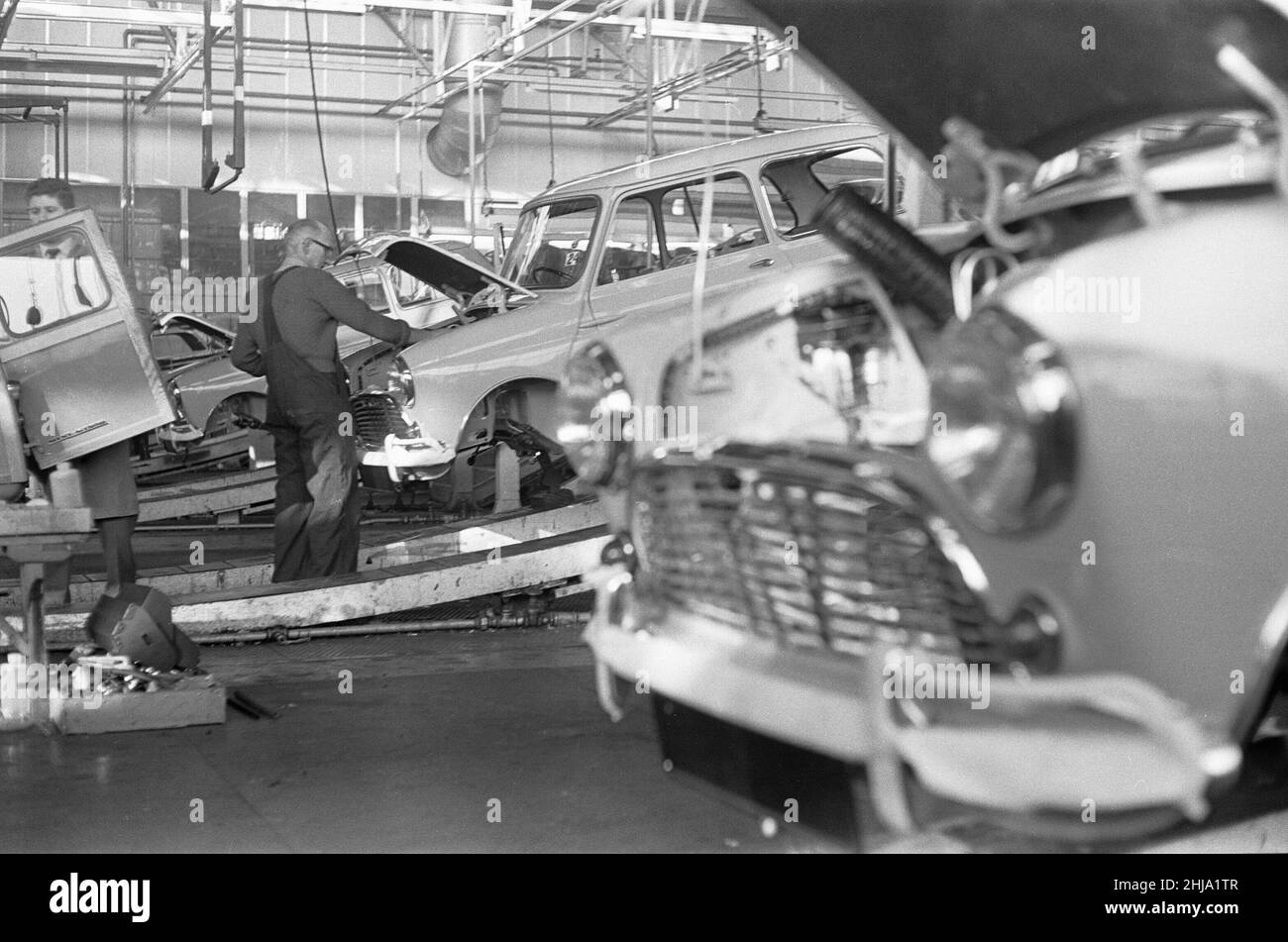 The engine bay on a Austin Mini is prepared to receive its engine on ...