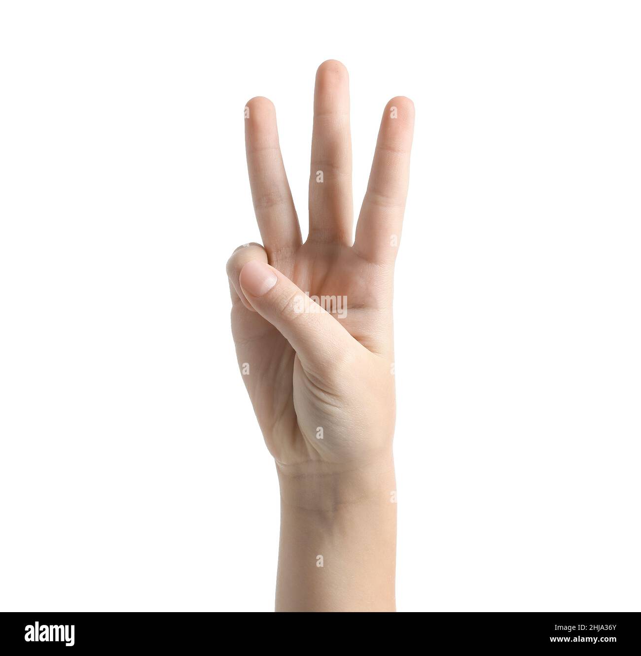 Child showing three fingers on white background Stock Photo - Alamy
