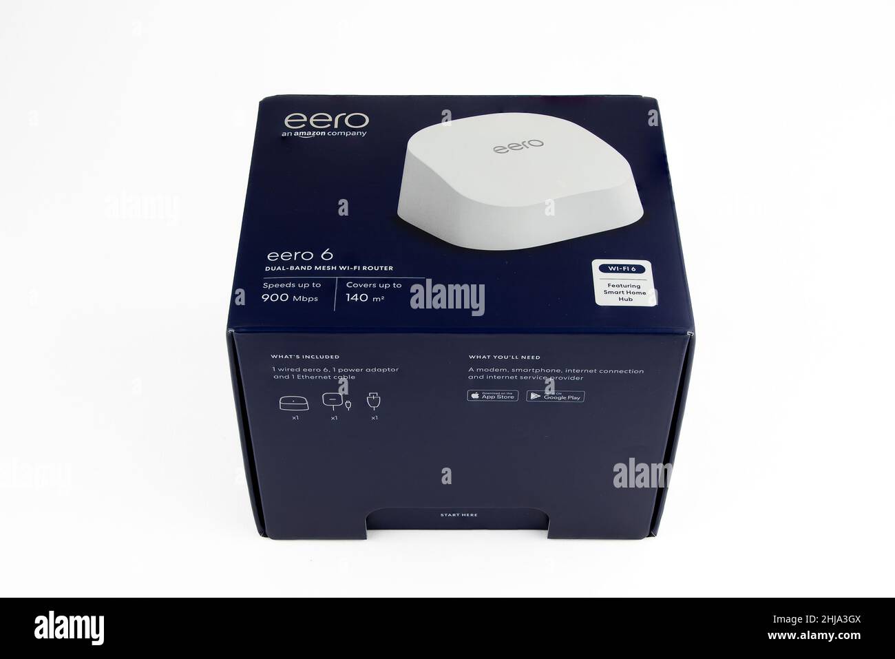 CHESTER, ENGLAND - JANUARY 22, 2022: Amazon Eero 6 wifi internet router ...
