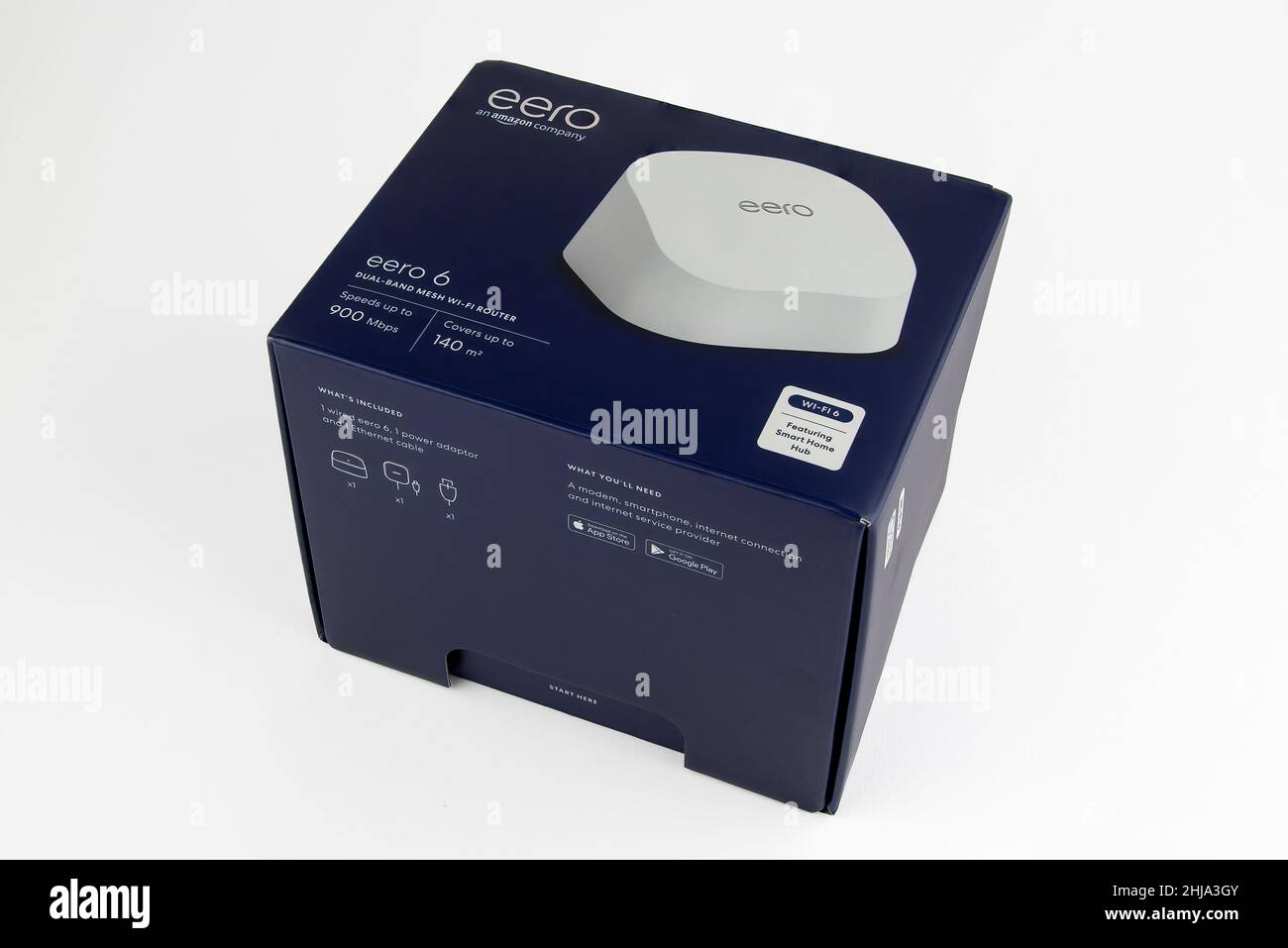 CHESTER, ENGLAND - JANUARY 22, 2022: Amazon Eero 6 wifi internet router ...