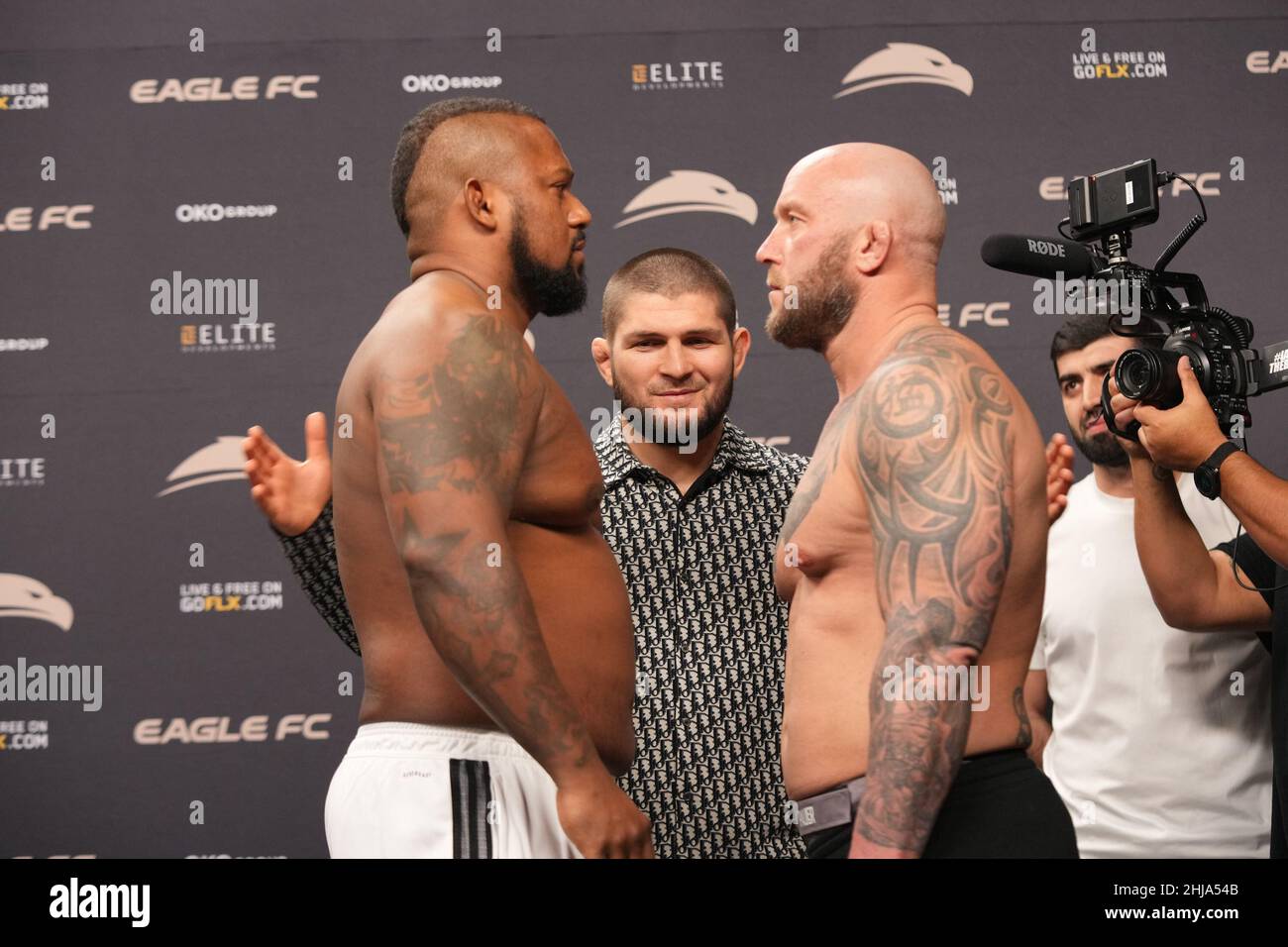 MIAMI, FL- JANUARY 27: (R-L) Shaun Asher vs. Yorgan De Castro face-off ...