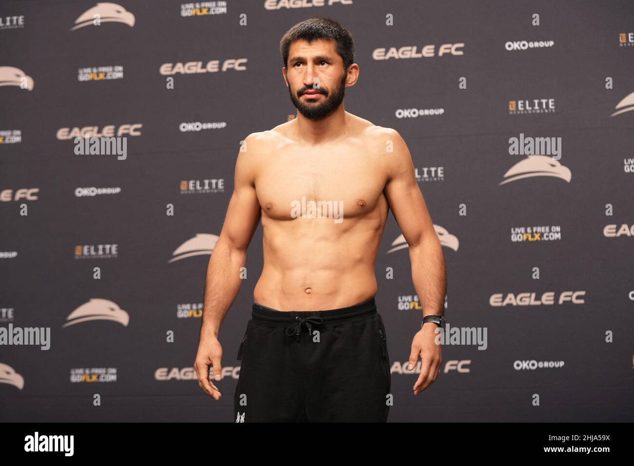 MIAMI, FL- JANUARY 27: Arman Ospanov steps on the scale at the Eagle FC ...