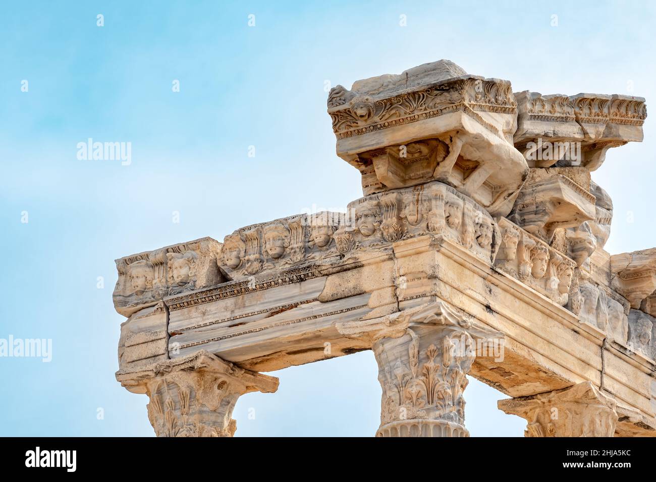 fragment of the entablature of the ruined temple of Apollo in Side with ...
