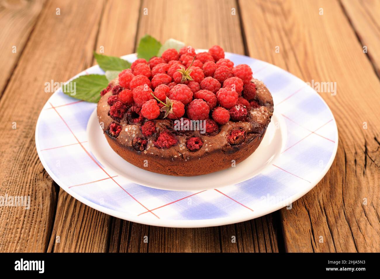 Homemade delicious chocolate cake with fresh wild raspberries and green ...