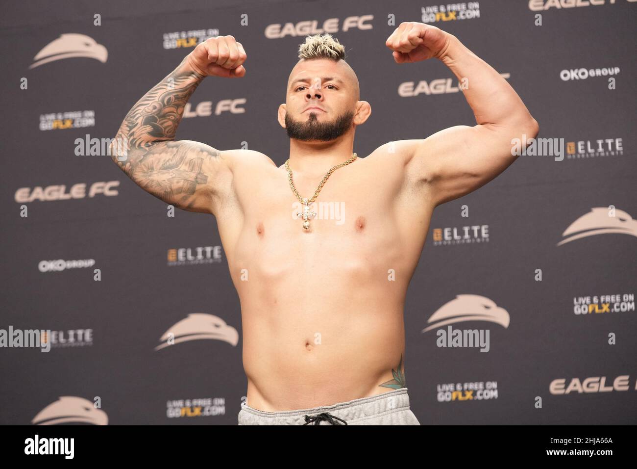 MIAMI, FL- JANUARY 27: Gabriel Checco steps on the scale at the Eagle ...