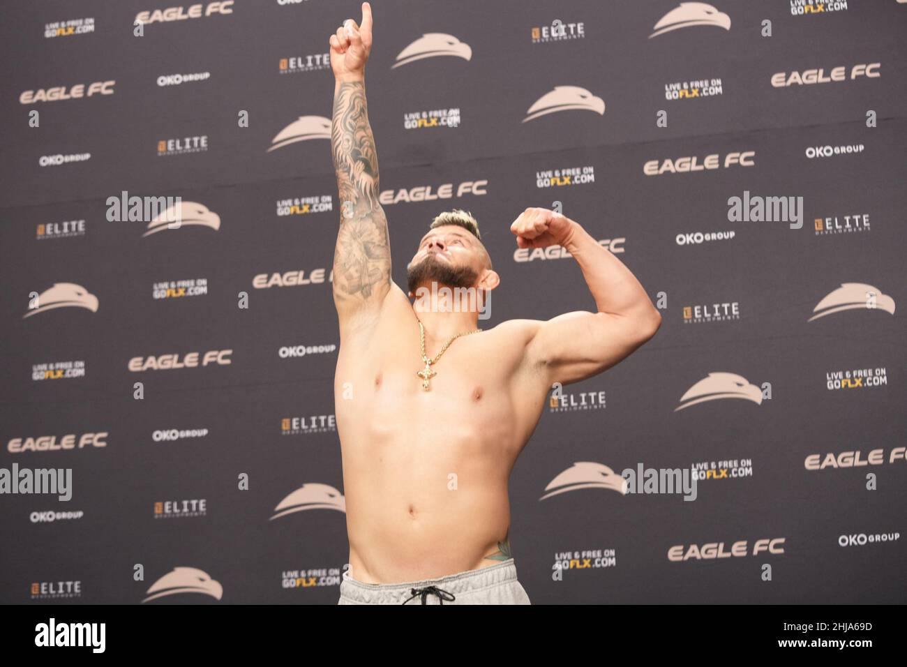 MIAMI, FL- JANUARY 27: Gabriel Checco steps on the scale at the Eagle ...