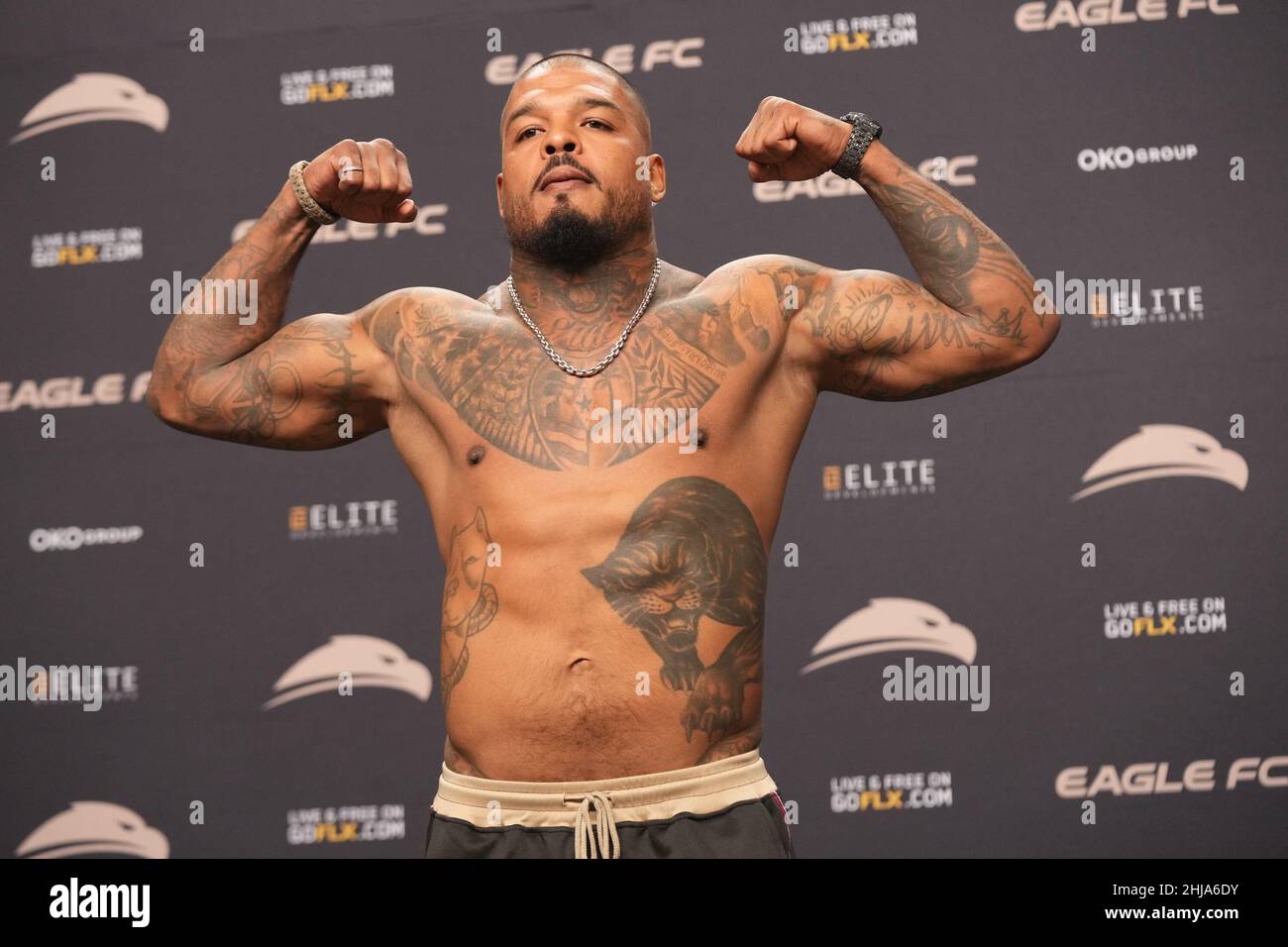 MIAMI, FL- JANUARY 27: Tyrone Spong steps on the scale at the Eagle FC ...