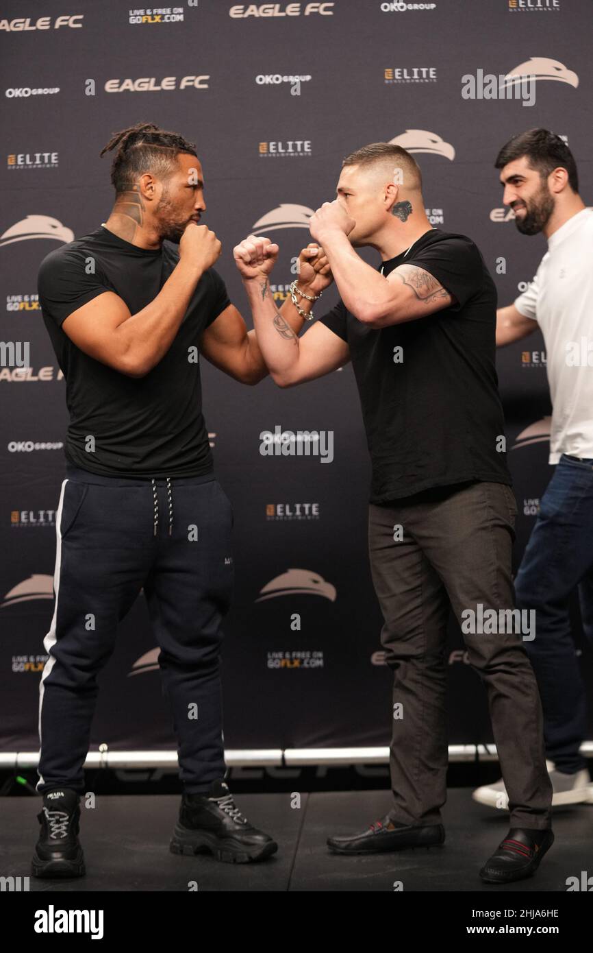 MIAMI, FL- JANUARY 27: (L-R) Kevin Lee and Deigo Sanchez face-off for ...