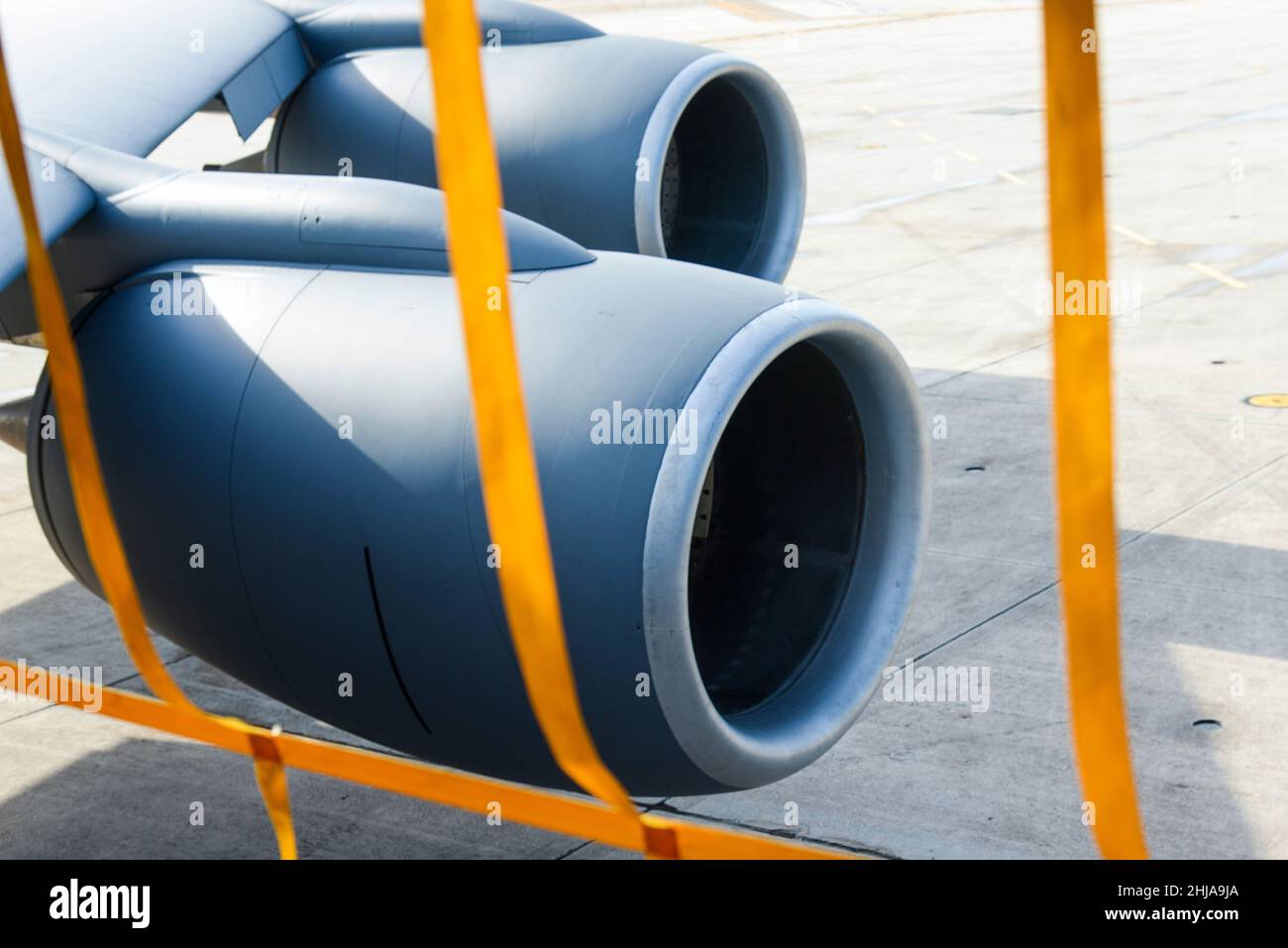 Two U.S. Air Force KC-135 Stratotanker engines from the 108th Wing idle ...