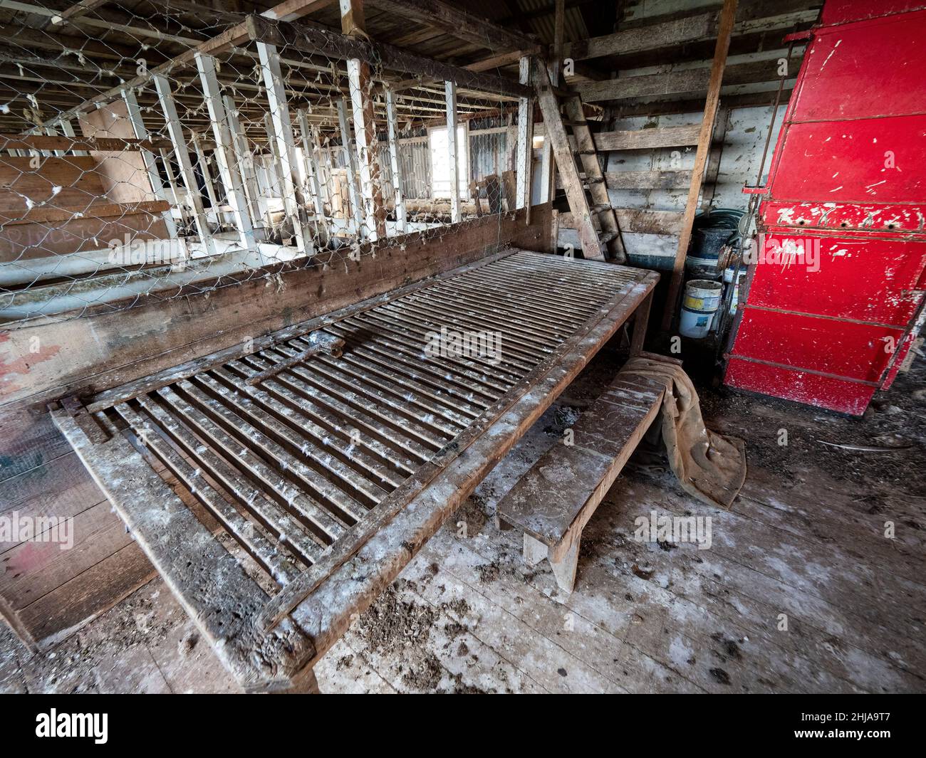 Interior view of the sheep shearing shed at the settlement abandoned in ...