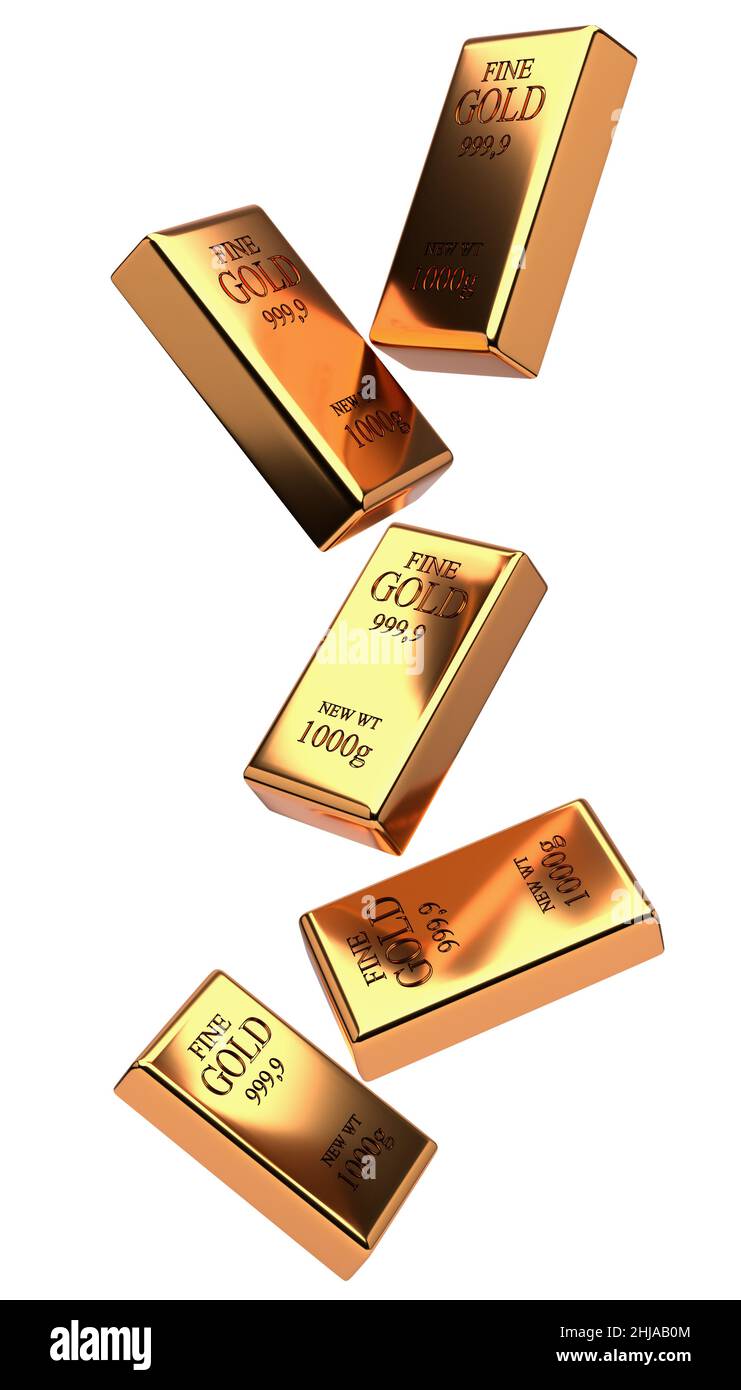 falling golden bars isolated on a white background, 3D rendering Stock ...