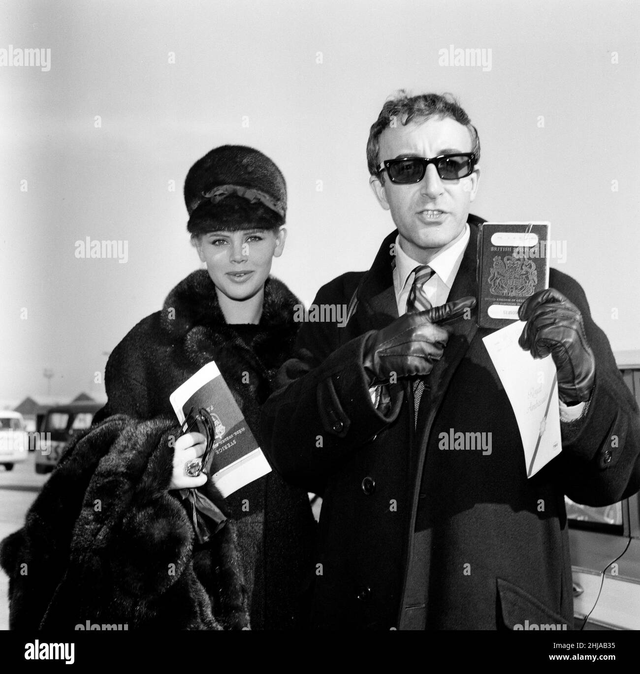 Actor Peter Sellers at London Airport with his wife Britt Ekland. They ...