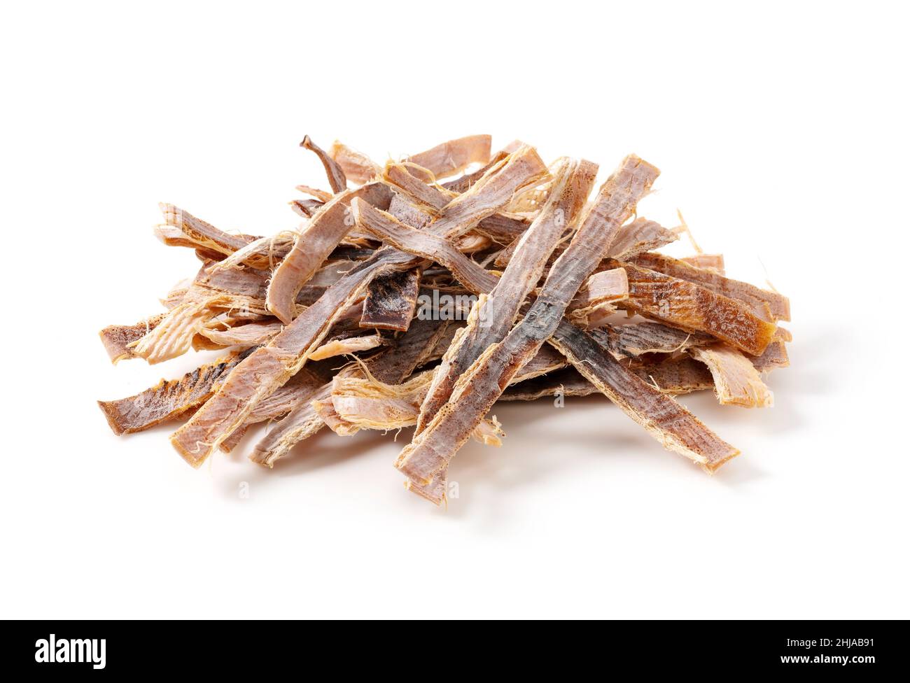 Dried squid placed on a white background. Surume is a Japanese snack ...