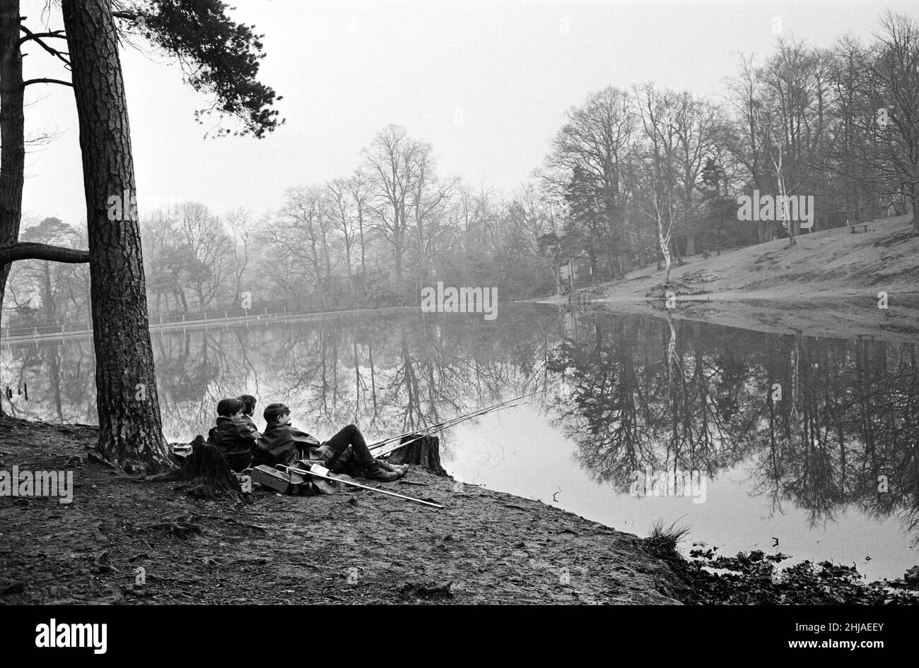 Scenes of boys fishing at Keston Ponds, Kent. 9th January 1964 Stock ...