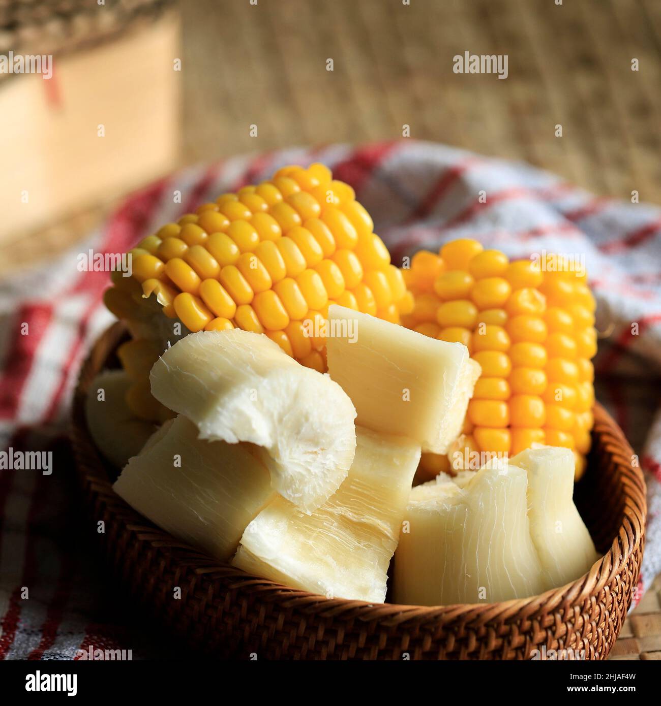 Boiled Corn and Cassava, Jagung Ubi Rebus Stock Photo - Alamy