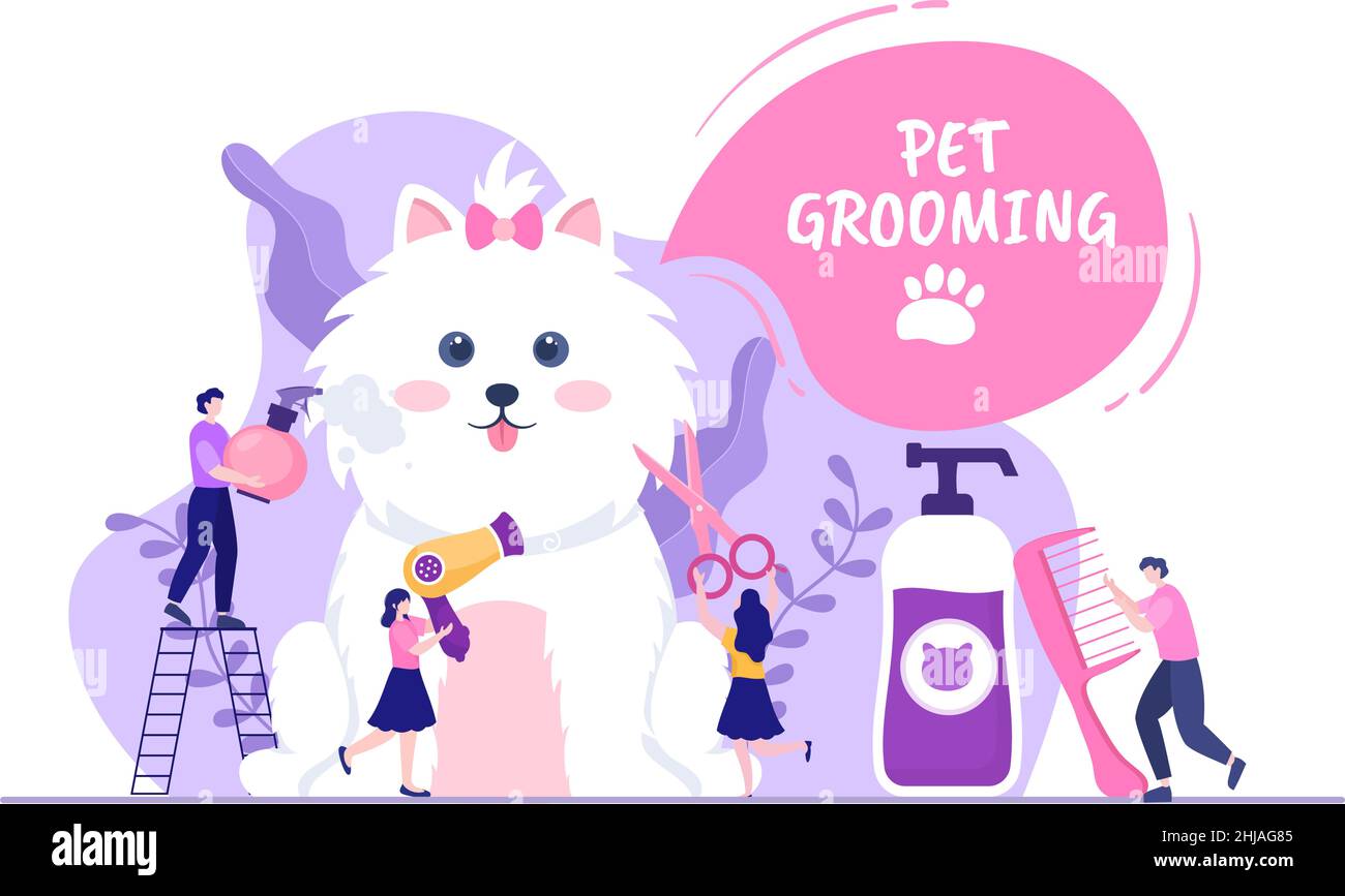 Pet Grooming for Dogs and Cats in Flat Cartoon Hand drawn Background ...