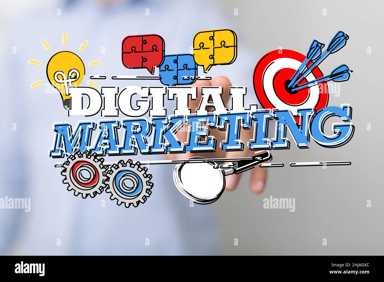 Person presenting the virtual projection of digital marketing concept ...