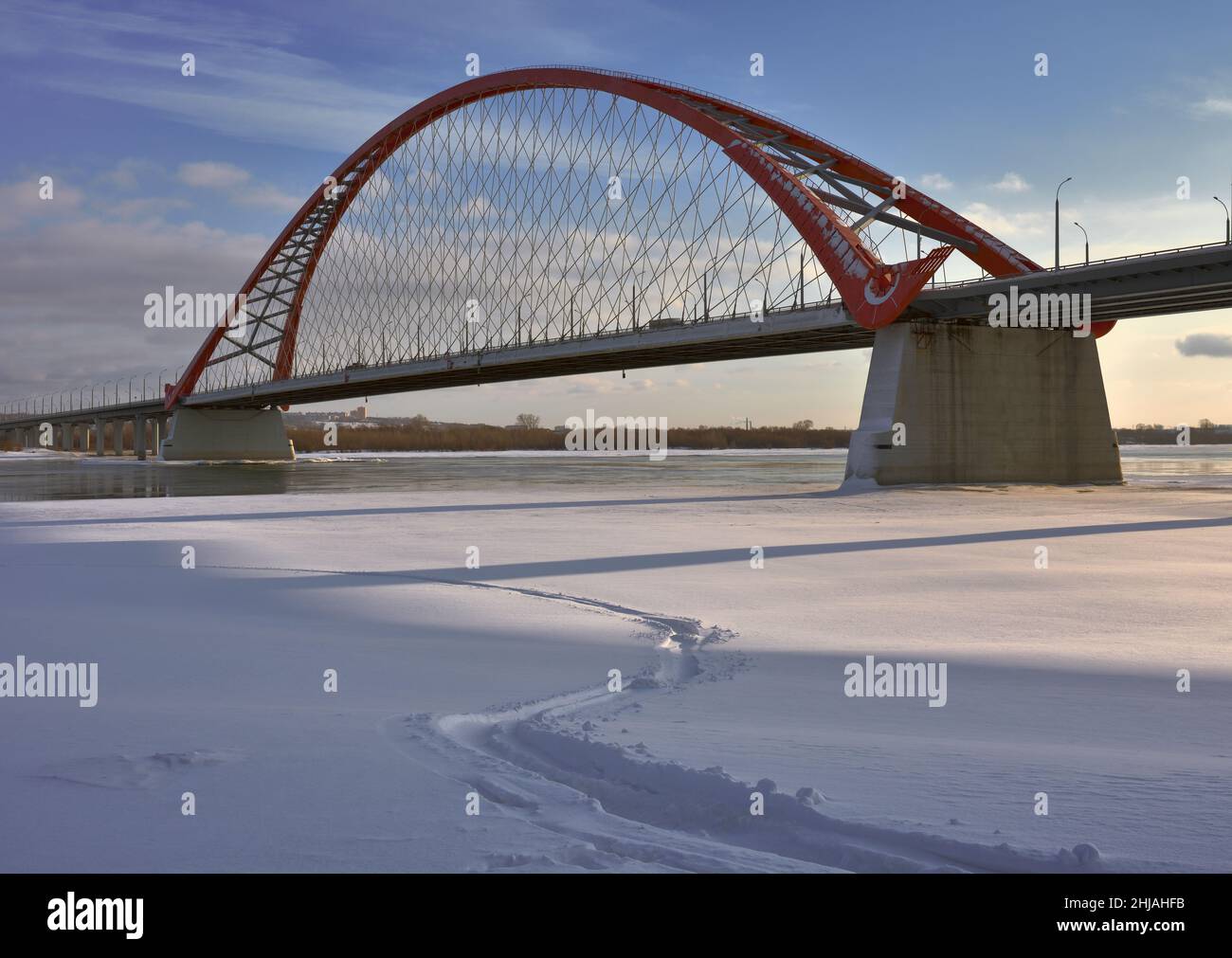 A new road bridge with a high red cable-stayed arch across the largest ...
