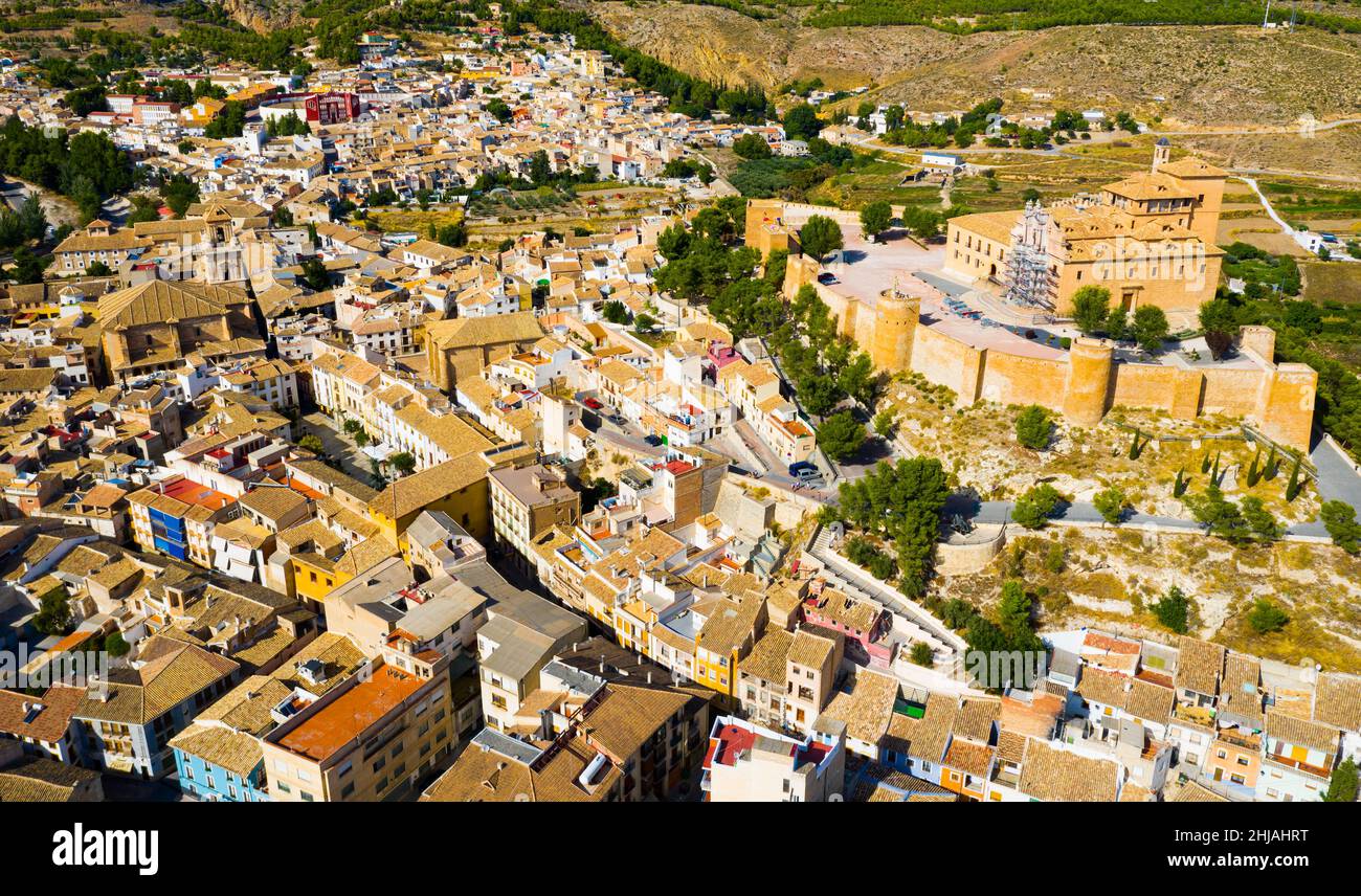 View from drone of of Caravaca de la Cruz overlooking Castle and ...