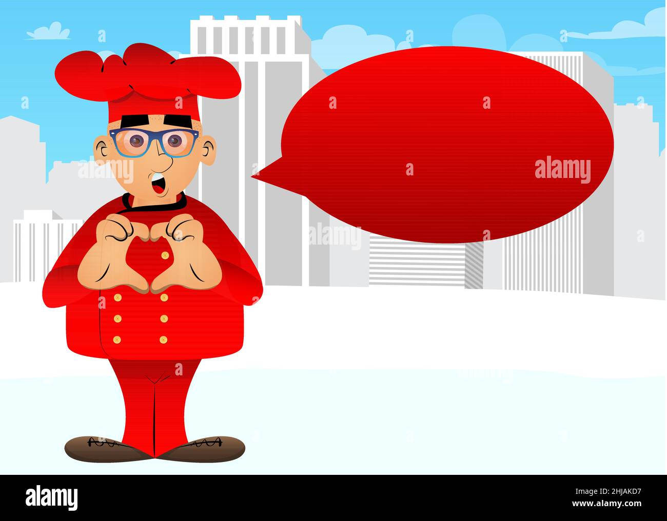 Fat male cartoon chef in uniform with heart shape hand gesture. Vector ...