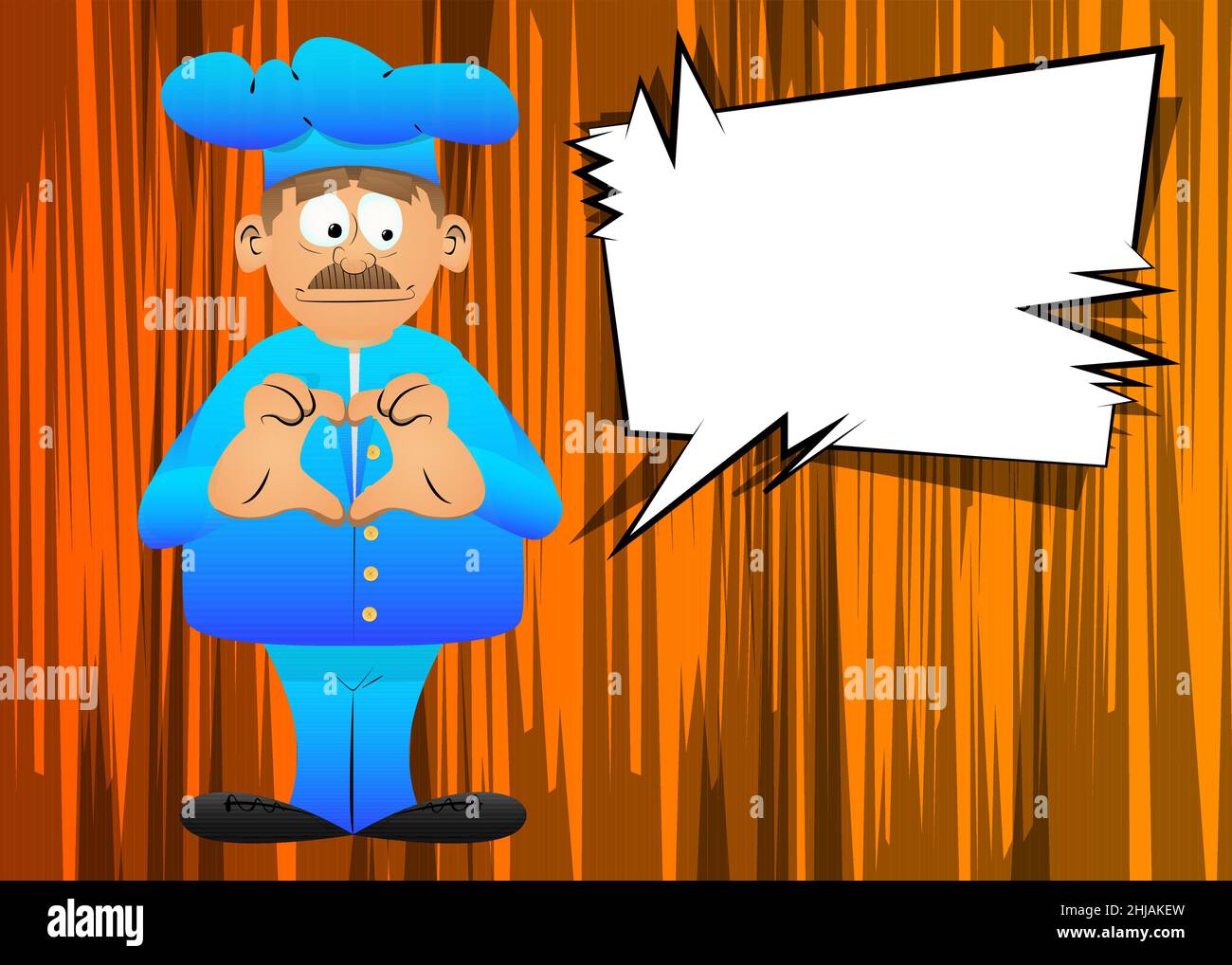 Fat male cartoon chef in uniform with heart shape hand gesture. Vector ...
