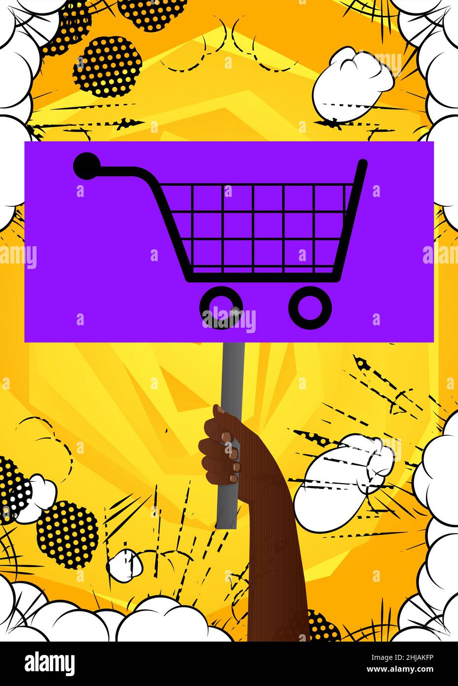 Hand holding up a banner with shopping cart as E-commerce icon ...