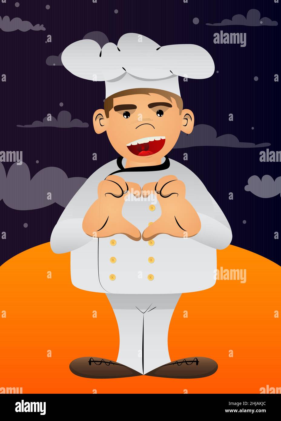 Fat male cartoon chef in uniform with heart shape hand gesture. Vector ...