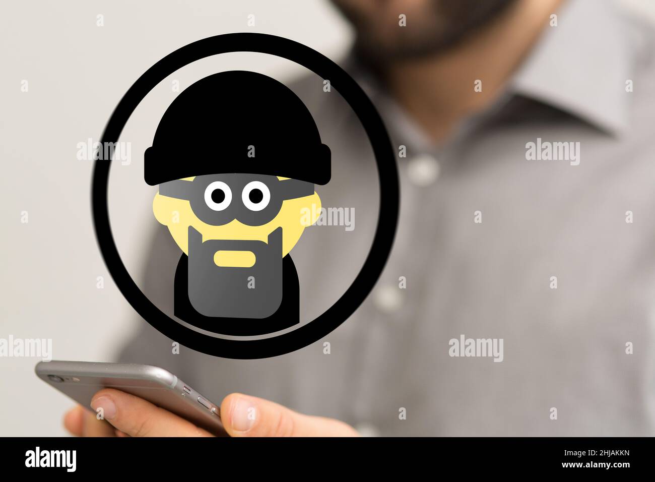 Illustration of an icon of a robber above he hand Stock Photo - Alamy