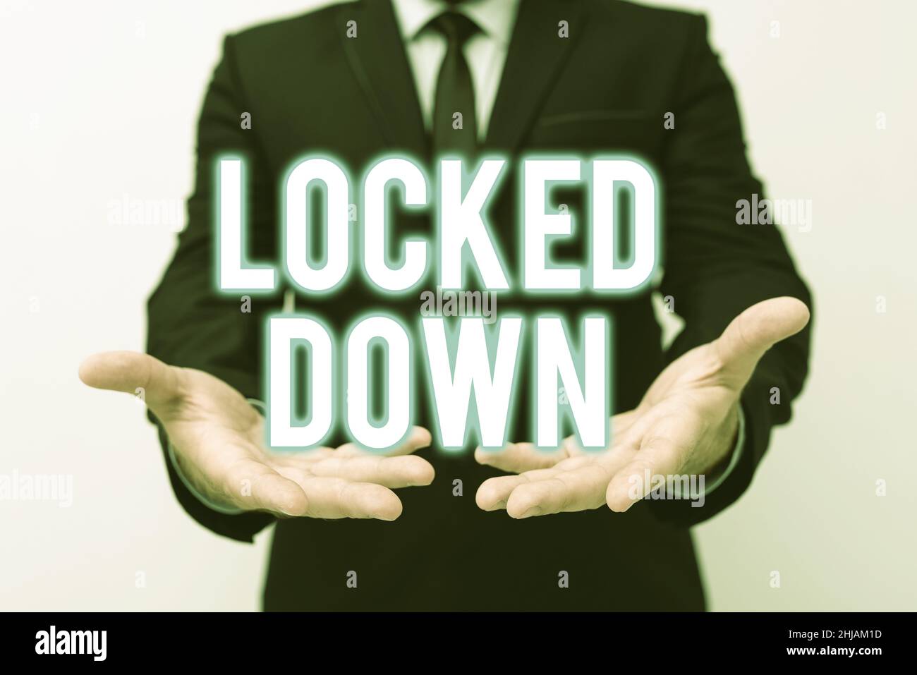 Text caption presenting Locked Down. Conceptual photo emergency measure ...