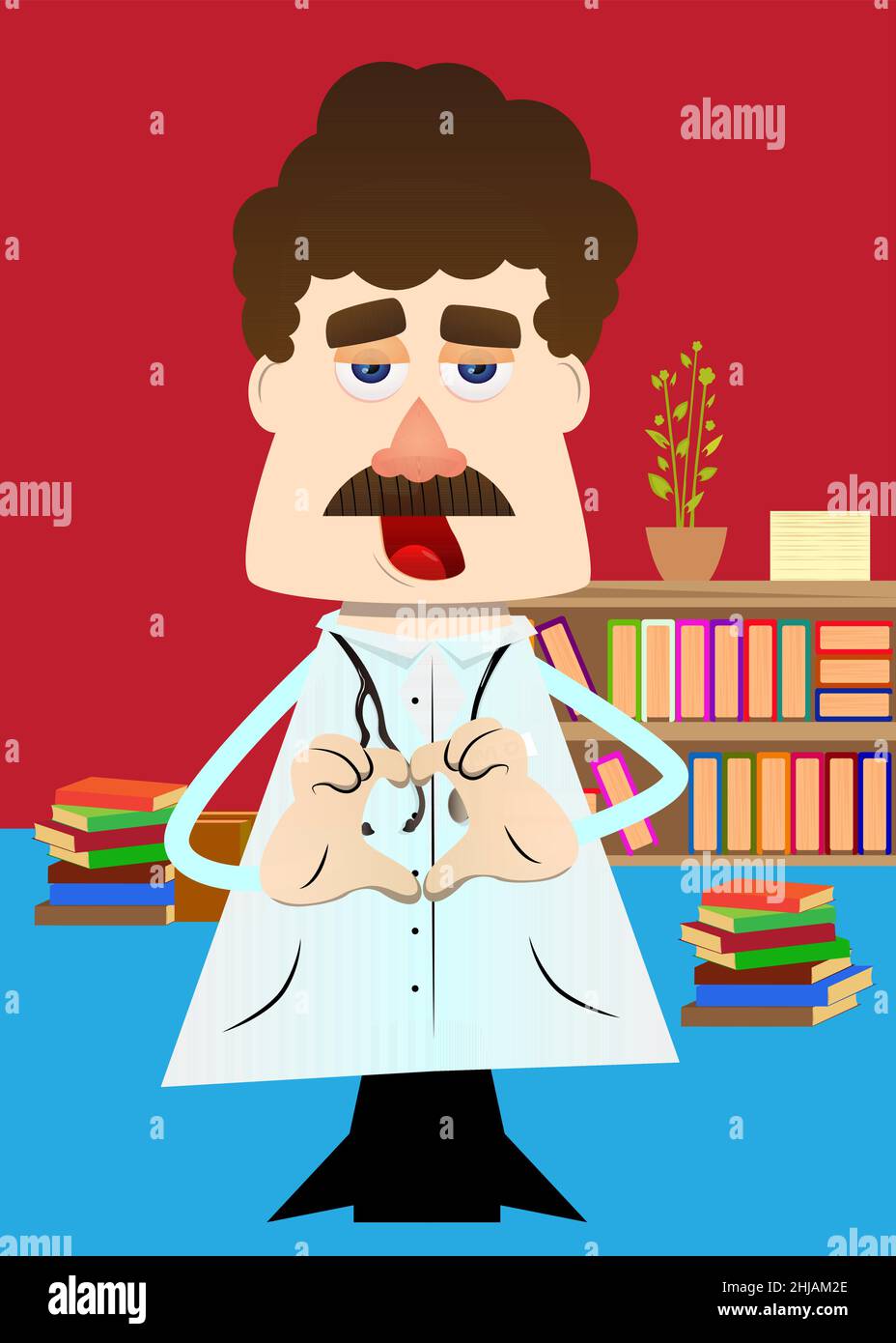 Funny cartoon doctor with heart shape hand gesture. Vector illustration ...