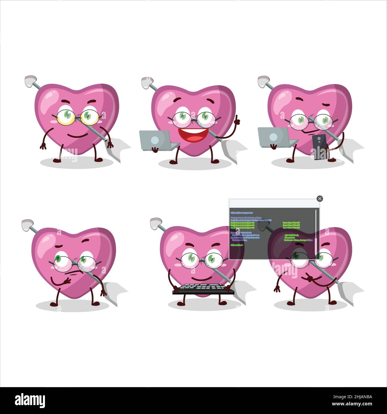 Pink cupid love arrow Programmer cute cartoon character with. Vector ...