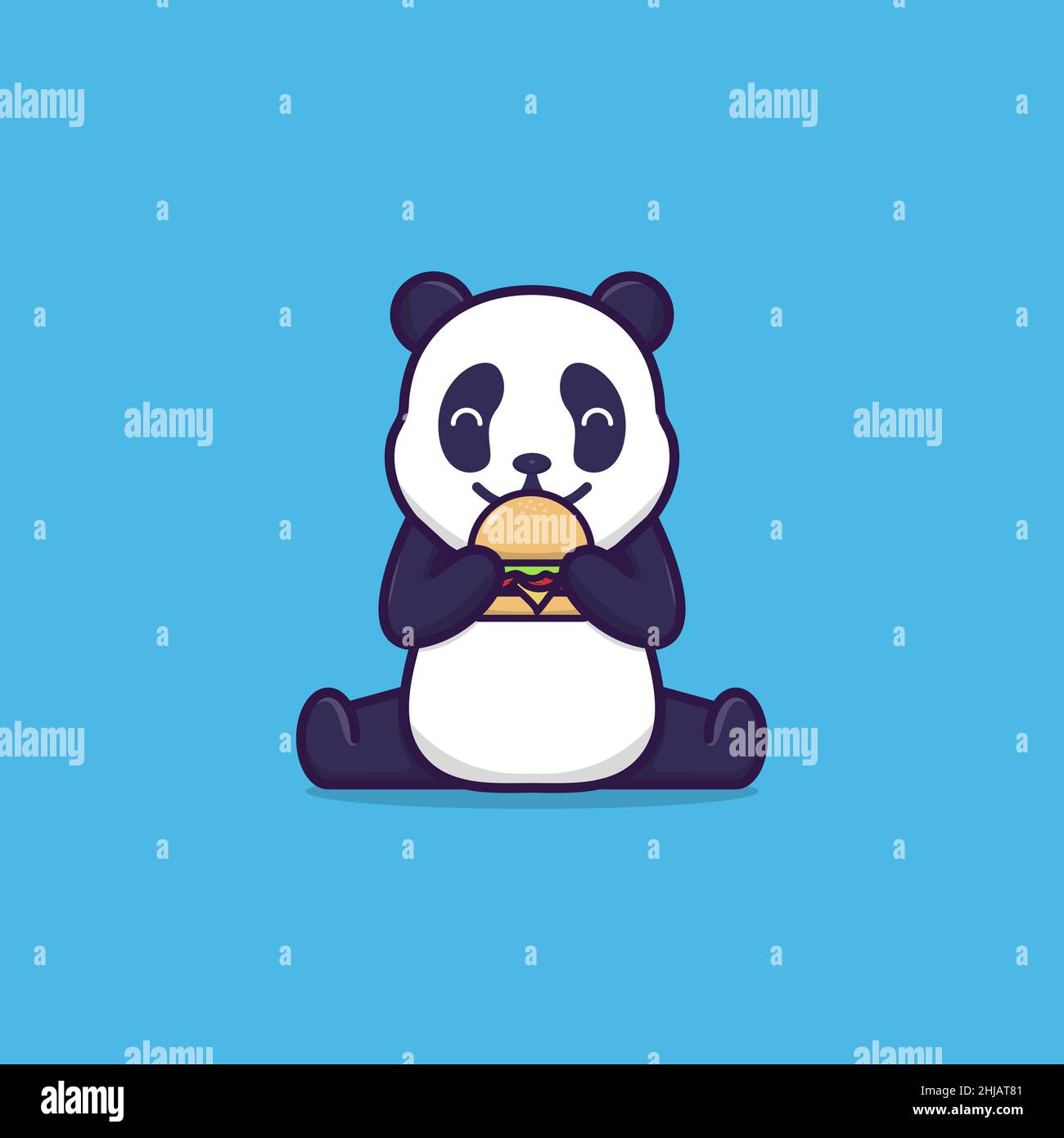 Vector illustration of cute panda eating hamburger. flat design ...