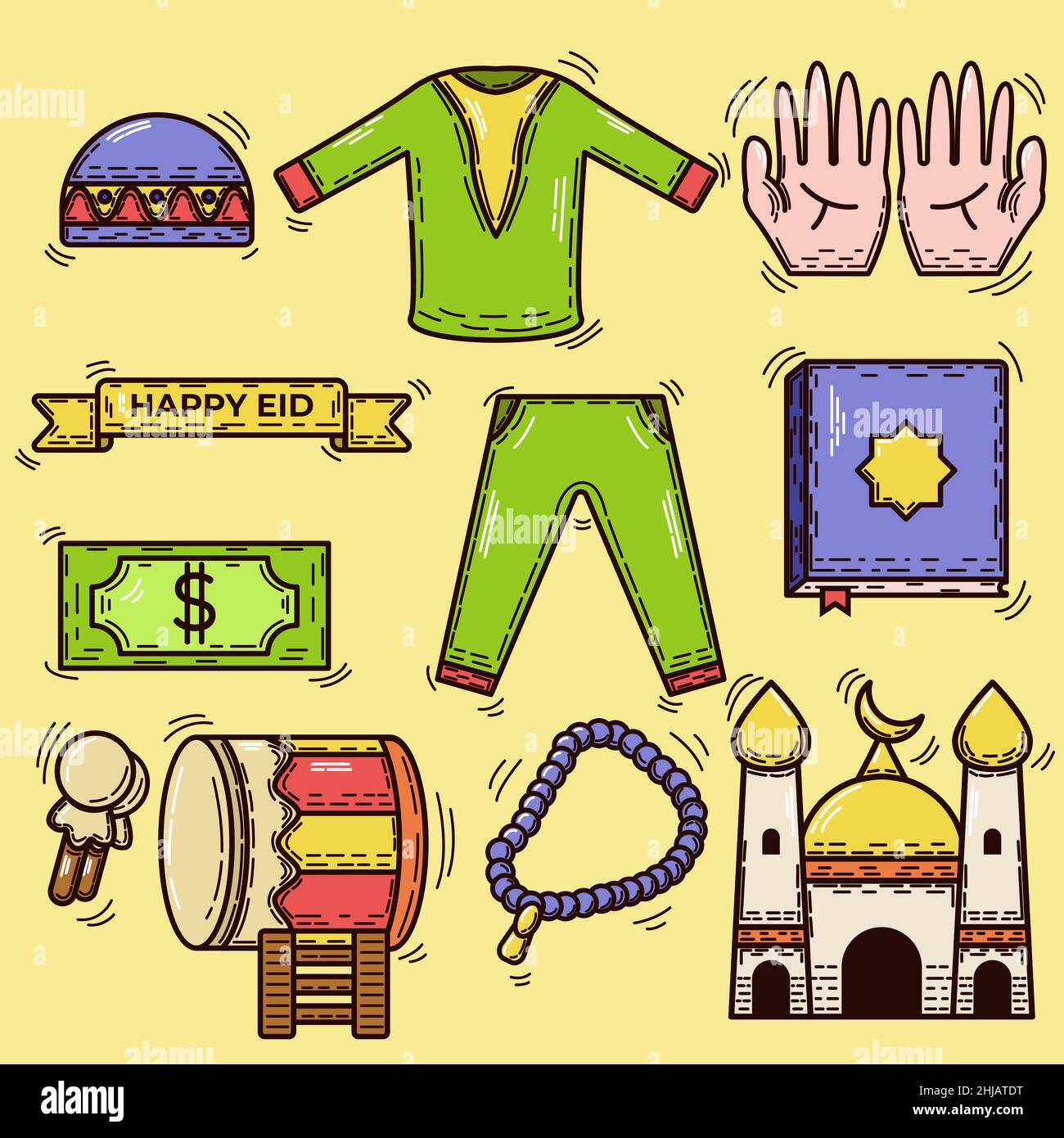 A set of doodles with a Ramadan theme of various types, vector ...