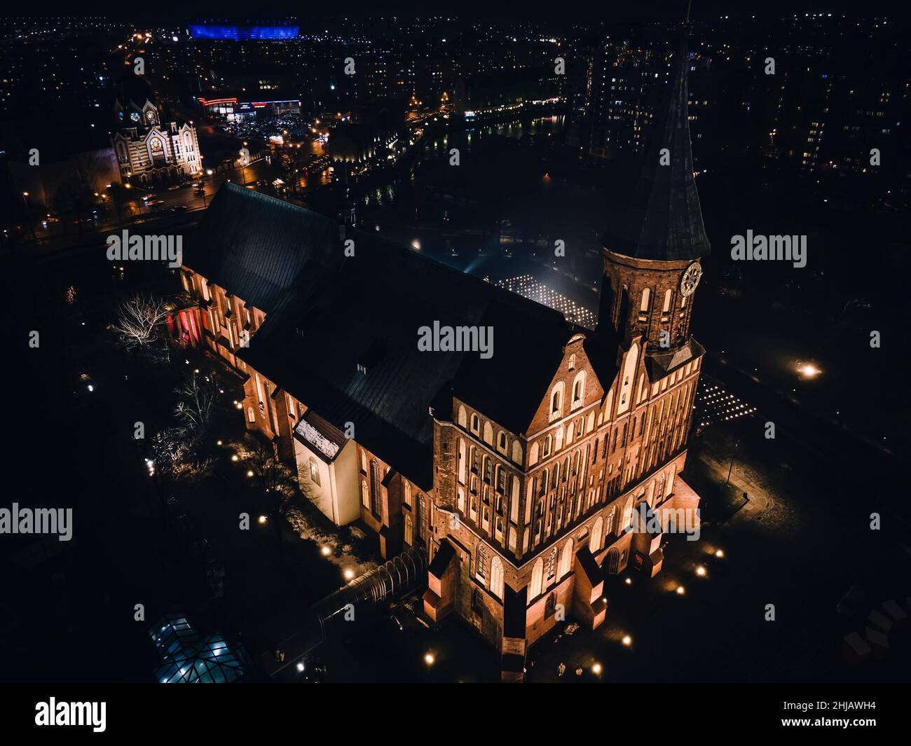 Aerial view of the Cathedral in the city center of Kaliningrad at night ...