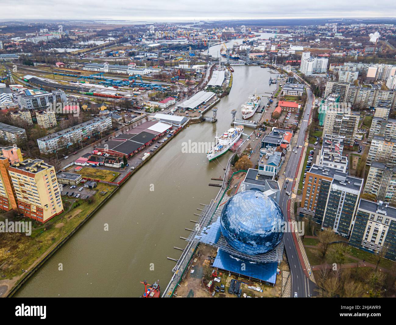 Aerial top view city Kaliningrad Russia museum of world ocean. pregolya ...