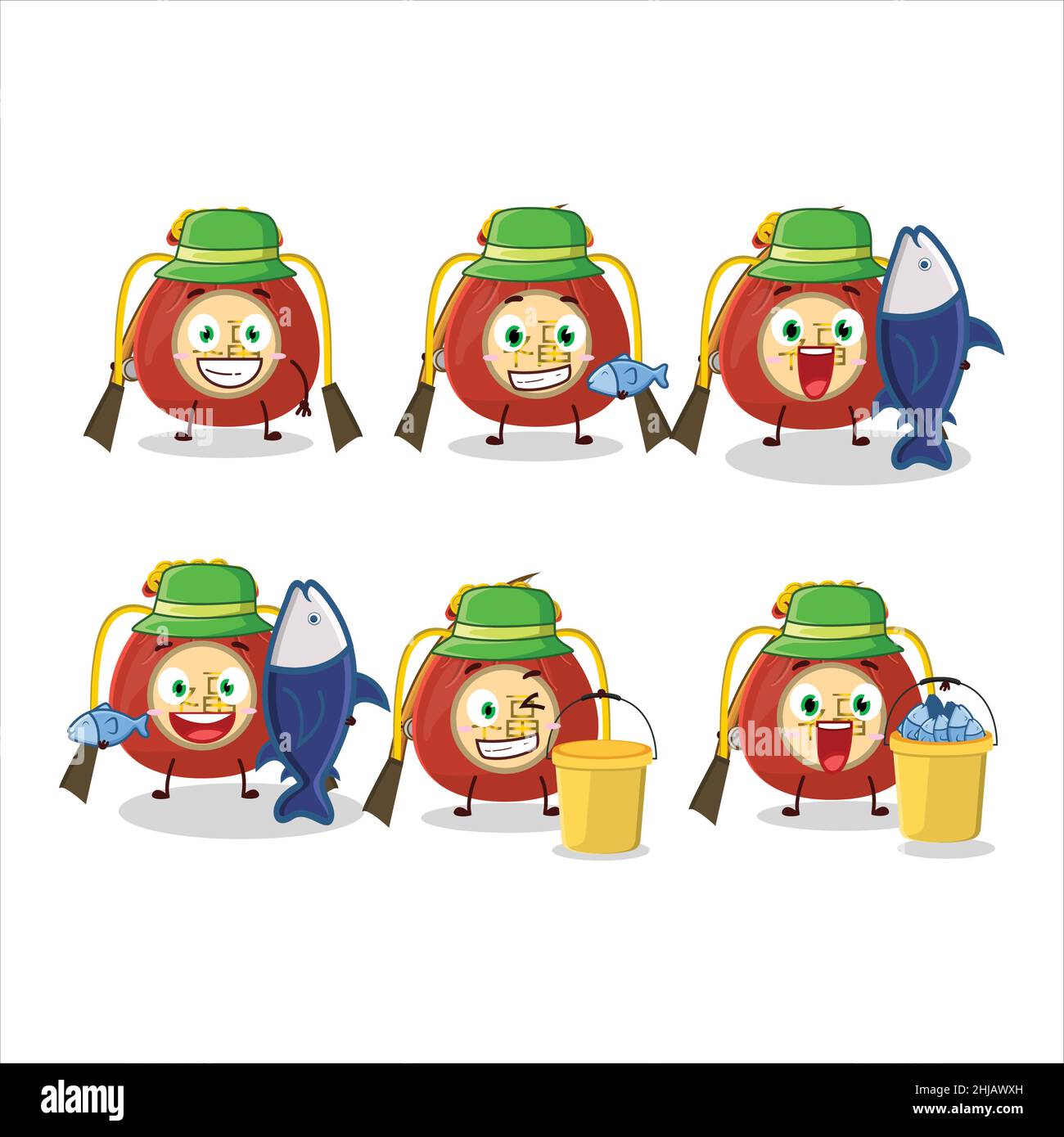 A fisherman red bag chinese cartoon picture catch a big fish. Vector ...