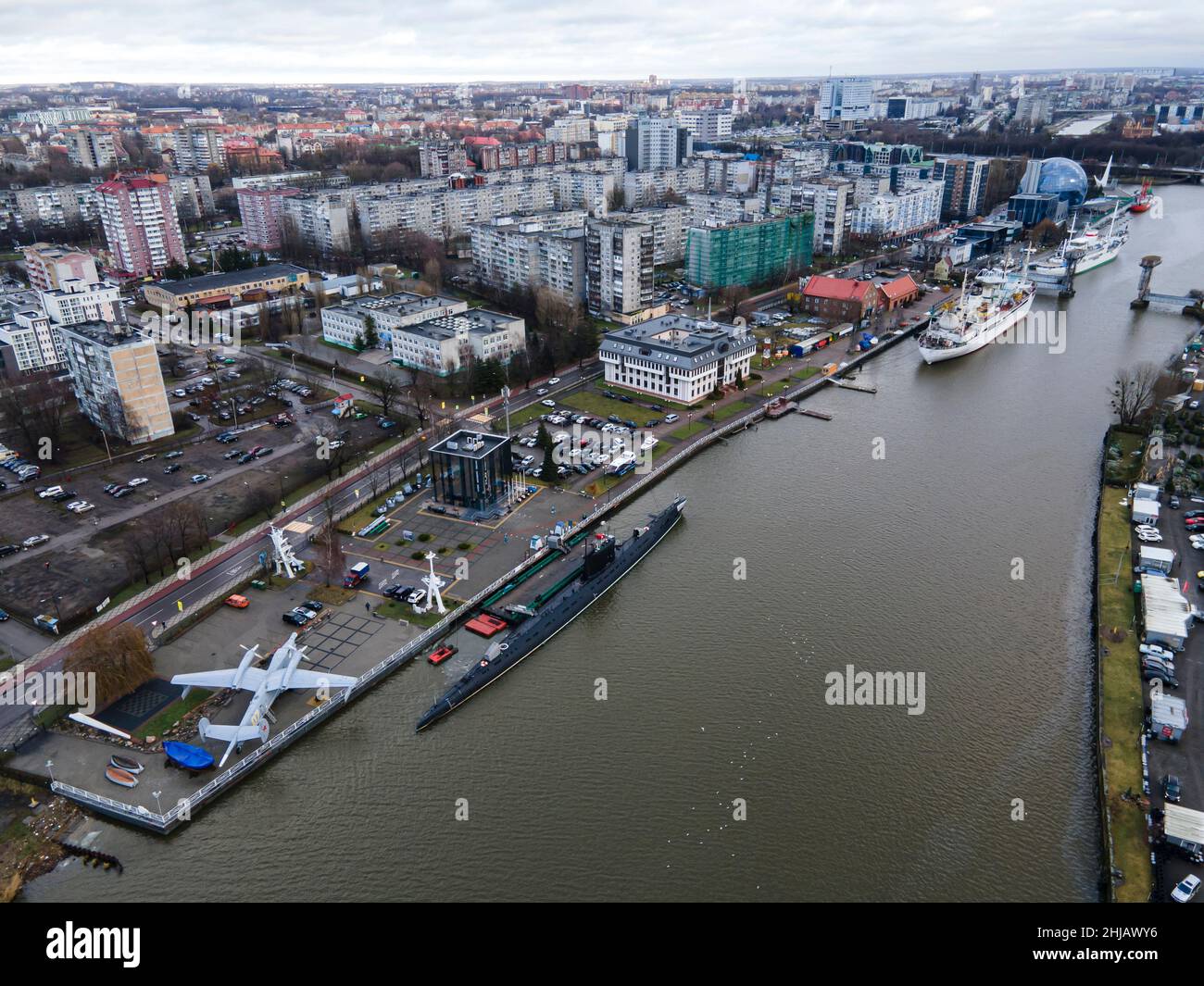 various military and research ships on the Pregolya River in the port ...