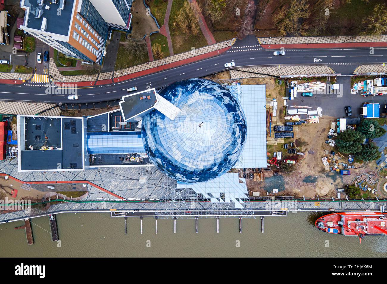 Aerial top view city Kaliningrad Russia museum of world ocean. pregolya ...