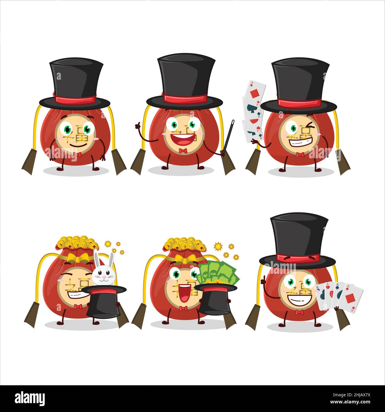 A red bag chinese Magician cartoon character perform on a stage. Vector ...