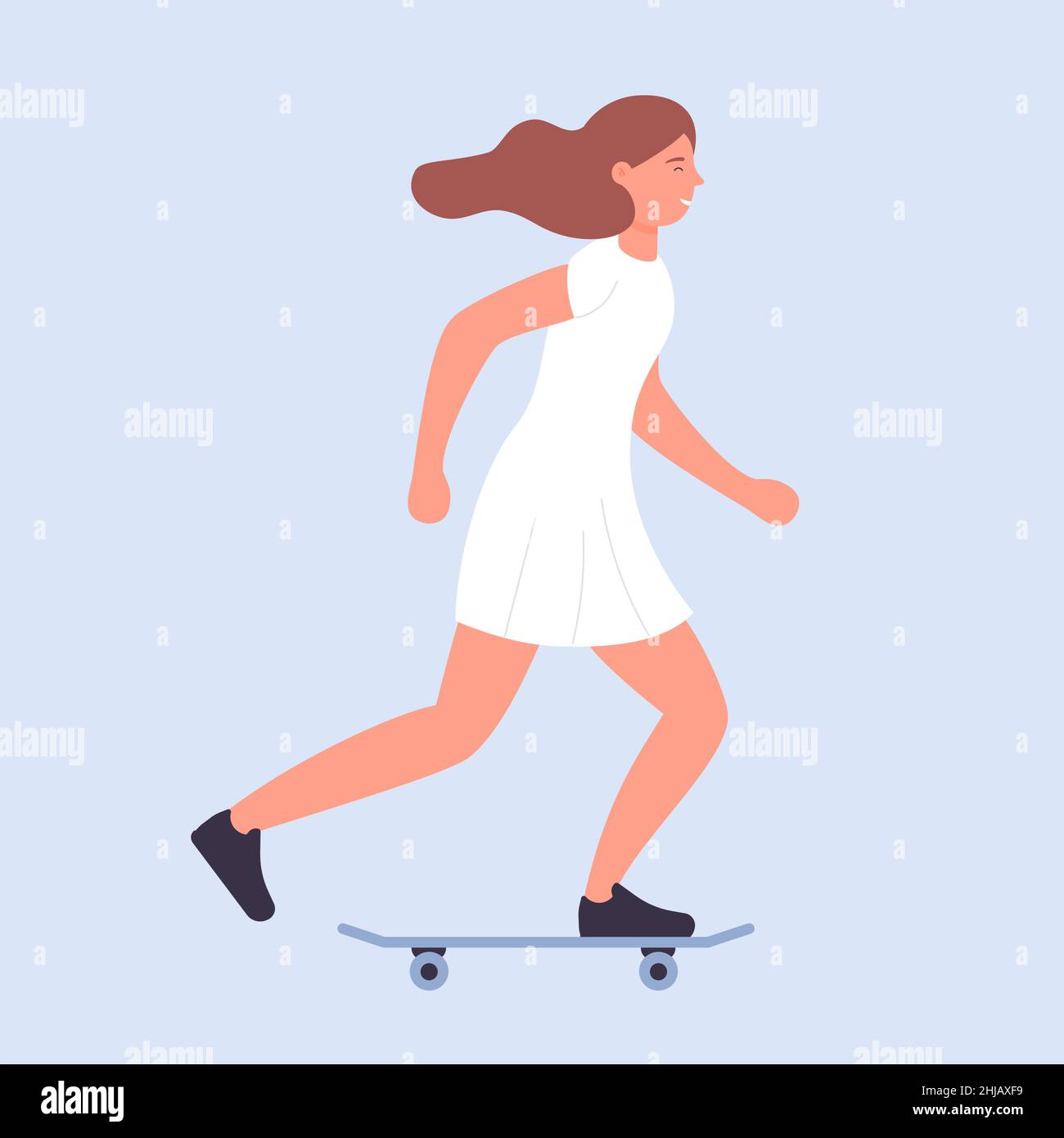 Happy cute girl riding a skateboard on street. Freedom travelling ...
