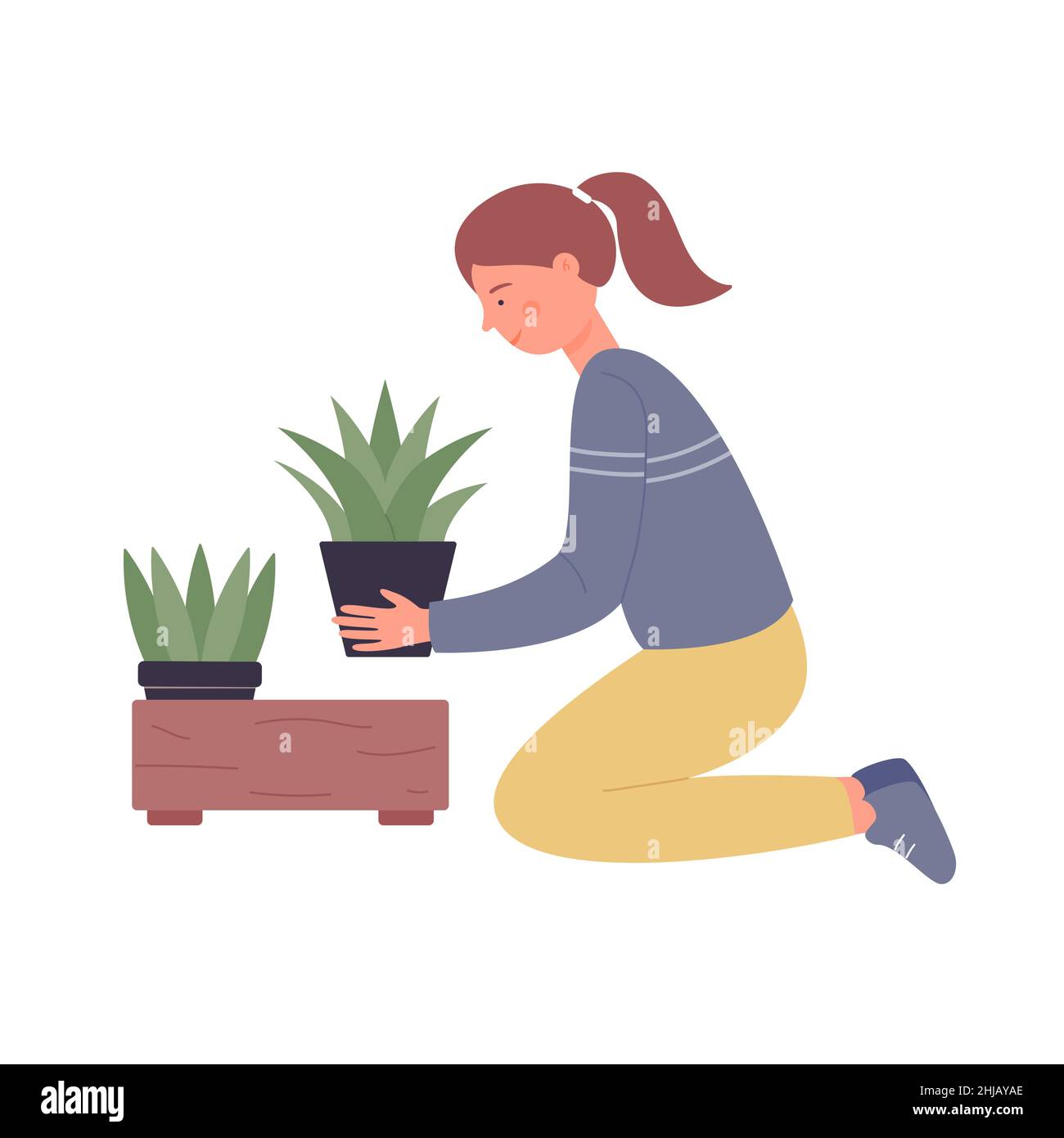 Little cute girl taking care of her pot indoor plants. Lady holding ...