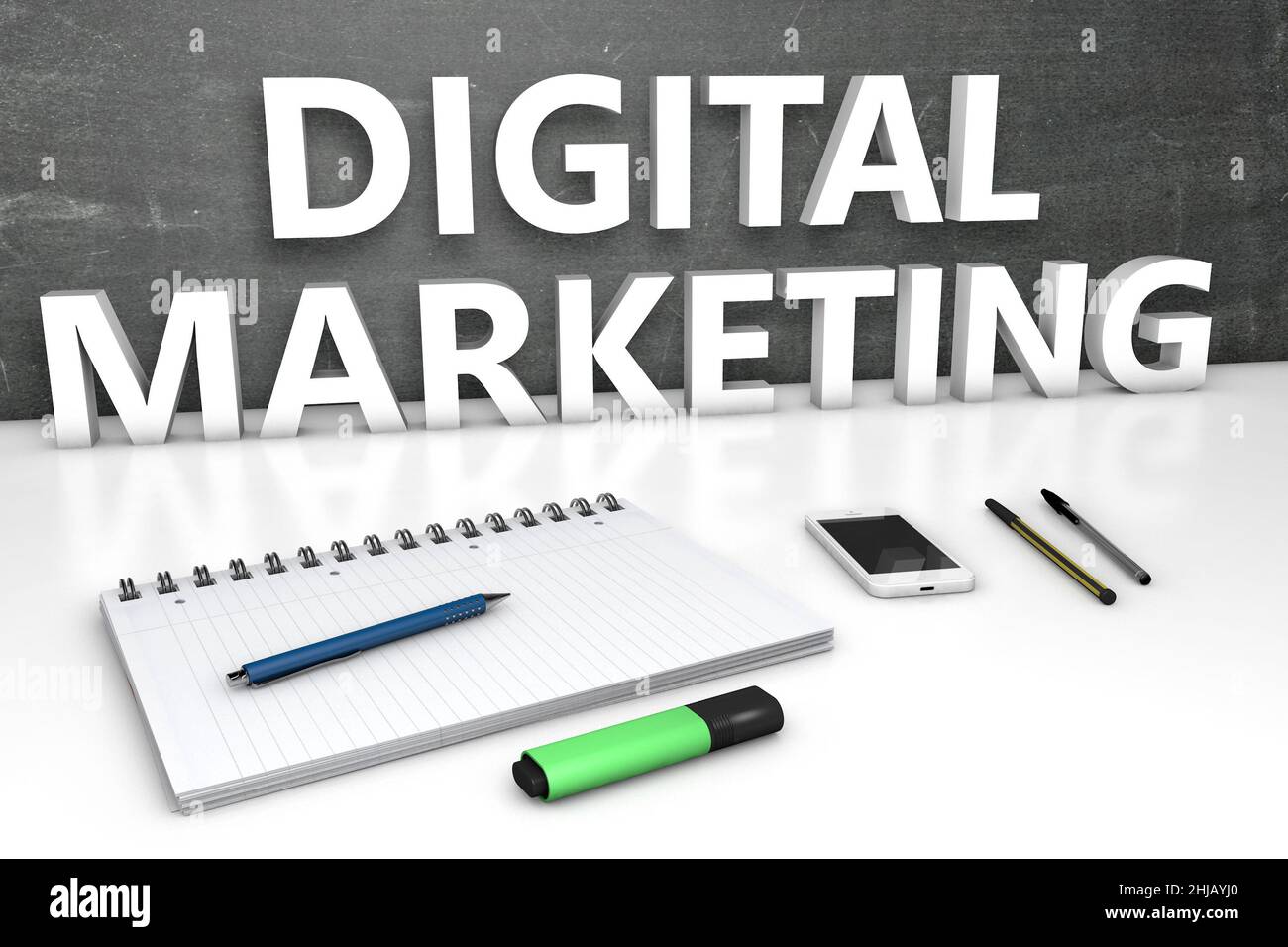Digital Marketing - text concept with chalkboard, notebook, pens and ...