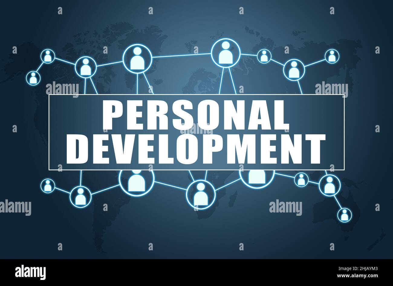 Personal Development - text concept on blue background with world map ...