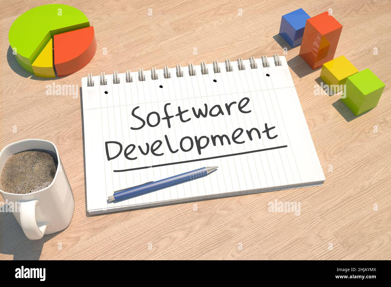 Software Development - text concept with notebook, coffee mug, bar ...
