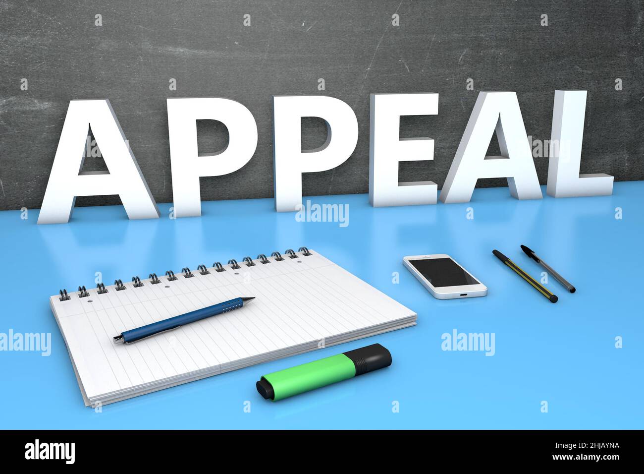 Appeal - text concept with chalkboard, notebook, pens and mobile phone ...